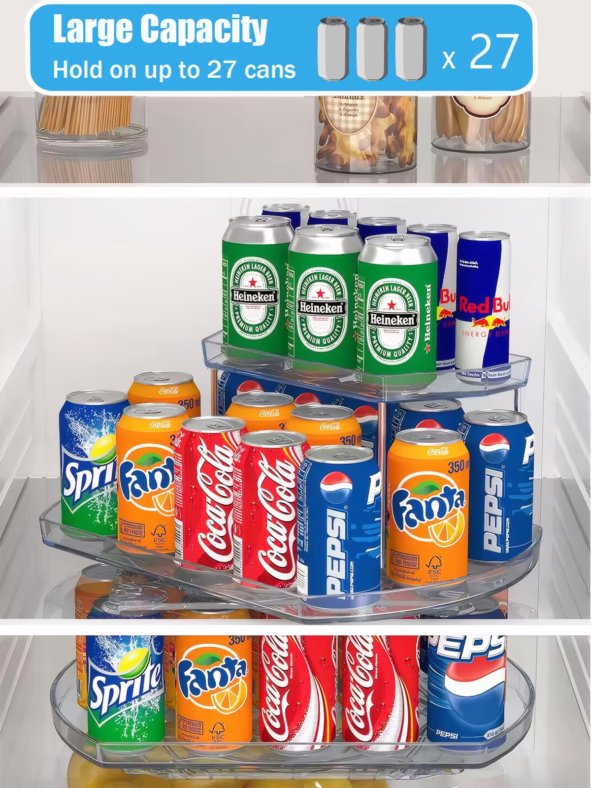 Lazy Susan Turntable Organizer for Refrigerator 2 Tier, Large 16.53'' Clear Rectangular Fridge Organizer Storage, Square Lazy Susan for Cabinet, Table, Pantry, Kitchen, Countertop