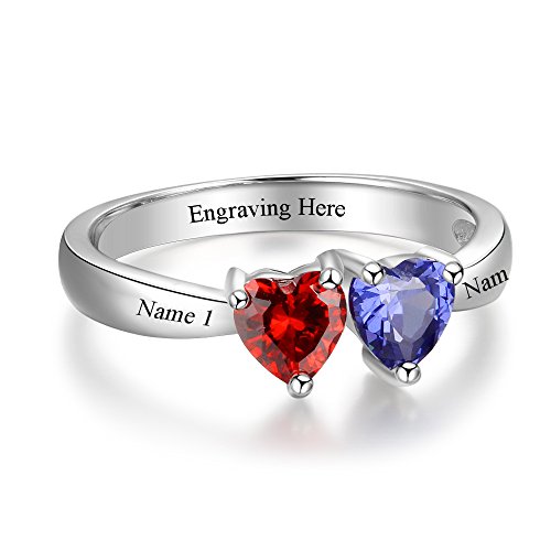 Nauchild Personalized Womens Ring with 2 Heart Shape Birthstones and 2 Names 925 Sterling Silver Rings for Mother/Wife (7)