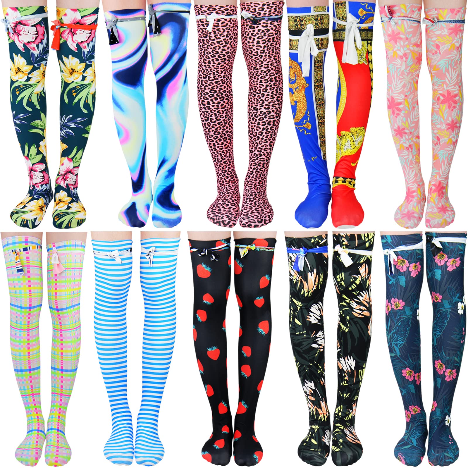 PSMILE 2Pairs Patterns Outdoor Cycling Overknee High Socks UV Protection Quick Dry Summer Cooling Tube Socks for Men Women