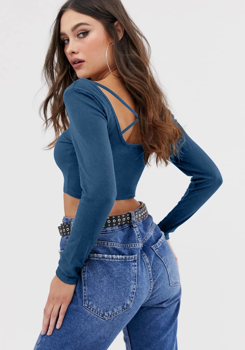 QINSEN Women's Long Sleeve Seamless Workout Shirts Square Neck Ribbed Yoga Cropped Gym Tops Dark Blue L