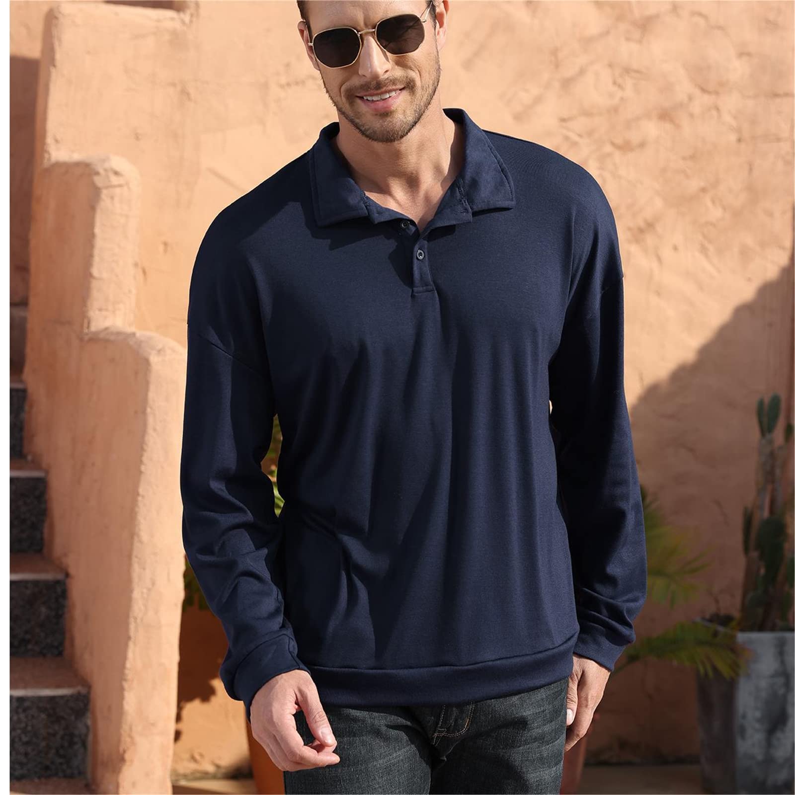 Opomelo Men's Long Sleeve Solid Polo Shirts -Fashion Casual Golf Shirt Collared T Shirts Navy Blue