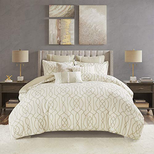 Madison Park Cozy Comforter Set-Luxurious Bedding Style Combo Filled Insert, Removable Duvet Cover. Matching Shams, Decorative Pillows, King(110"x96"), Geometric Neutral 9 Piece
