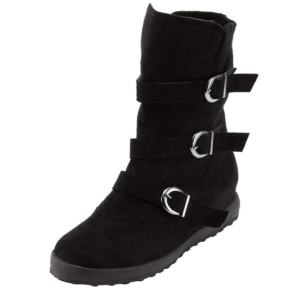 NOLDARES Boots for Women Winter Round-Toe Buckle Strap Zipper Boots Flats Low-Heeled Western Combat Mid Calf Boots Black, 9