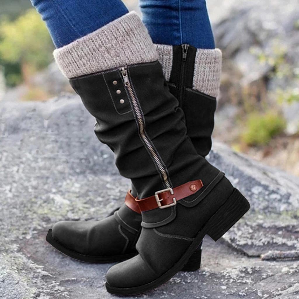 NOLDARES Boots for Women Wedge Heel Pointed Toe Buckle Platform Boots Casual Zipper Knee High Boots Low Heel Winter Zipper Boots Z12 Black 9