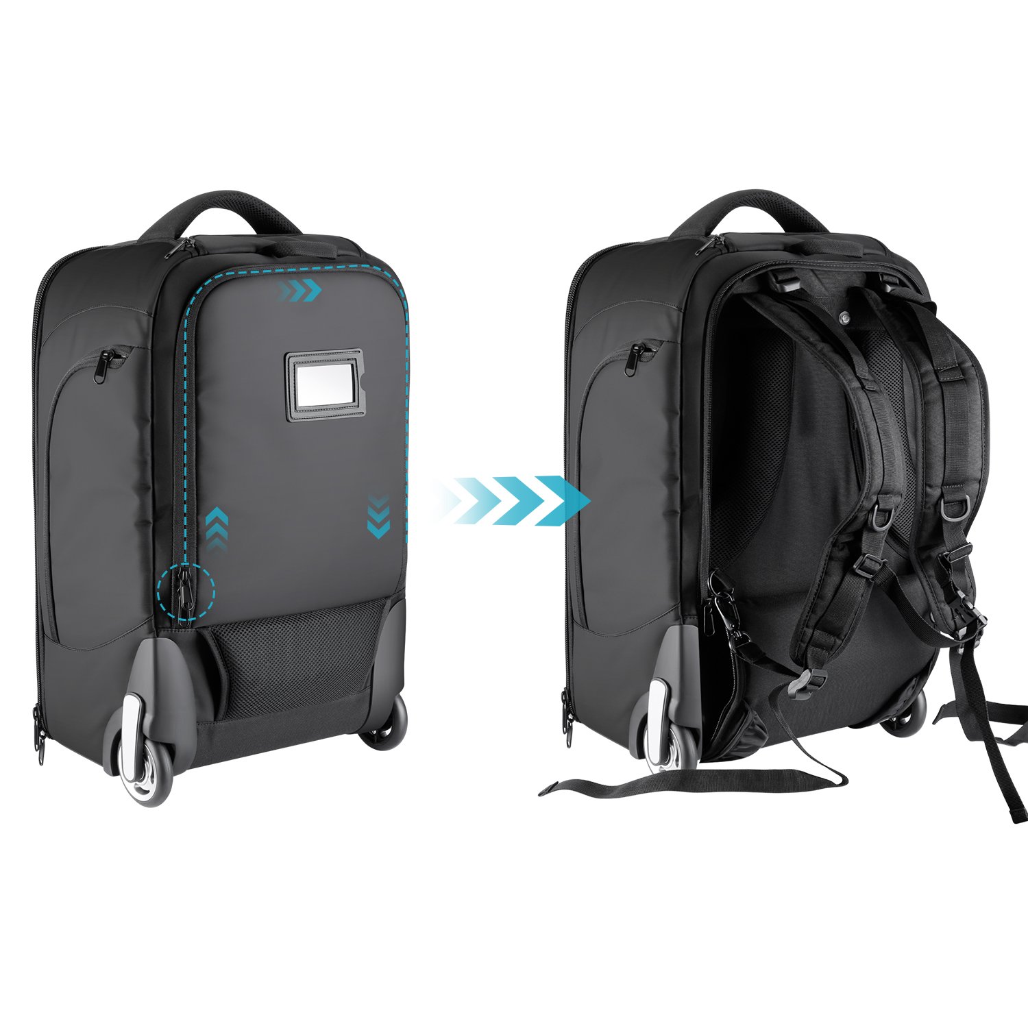 Neewer 2-in-1 Convertible Wheeled Camera Backpack Luggage Trolley Case with Double Bar, Anti-Shock Detachable Padded Compartment for SLR/DSLR Cameras, Tripod, Lens and Other Accessories (Black/Green)