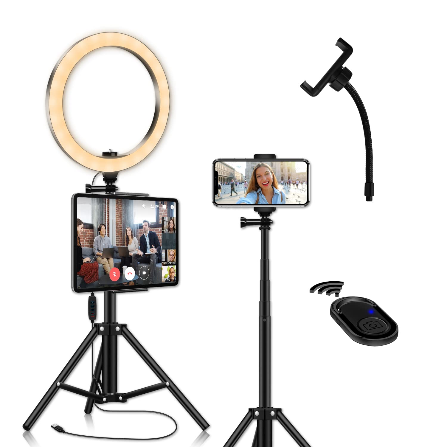 LED Ring Light with Tablet Tripod Stand Kit - 10'' Circle Ringlight with Cell Phone Holeder & Photo Selfie Remote for Tiktok YouTube Video Recording Zoom Meeting Makeup Lighting for iPad iPhone Laptop