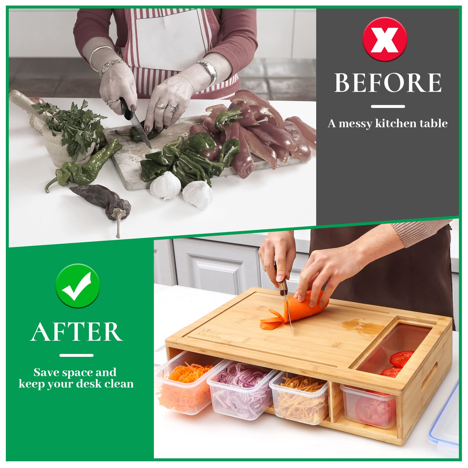 Klever Kitchen Bamboo Cutting Board with Storage Containers - Extra Large Chopping Board with Drawers, Stackable Inserts, Built-in Slicers - Sturdy Food Prep Cutting Board - Modern Meal Prep Station