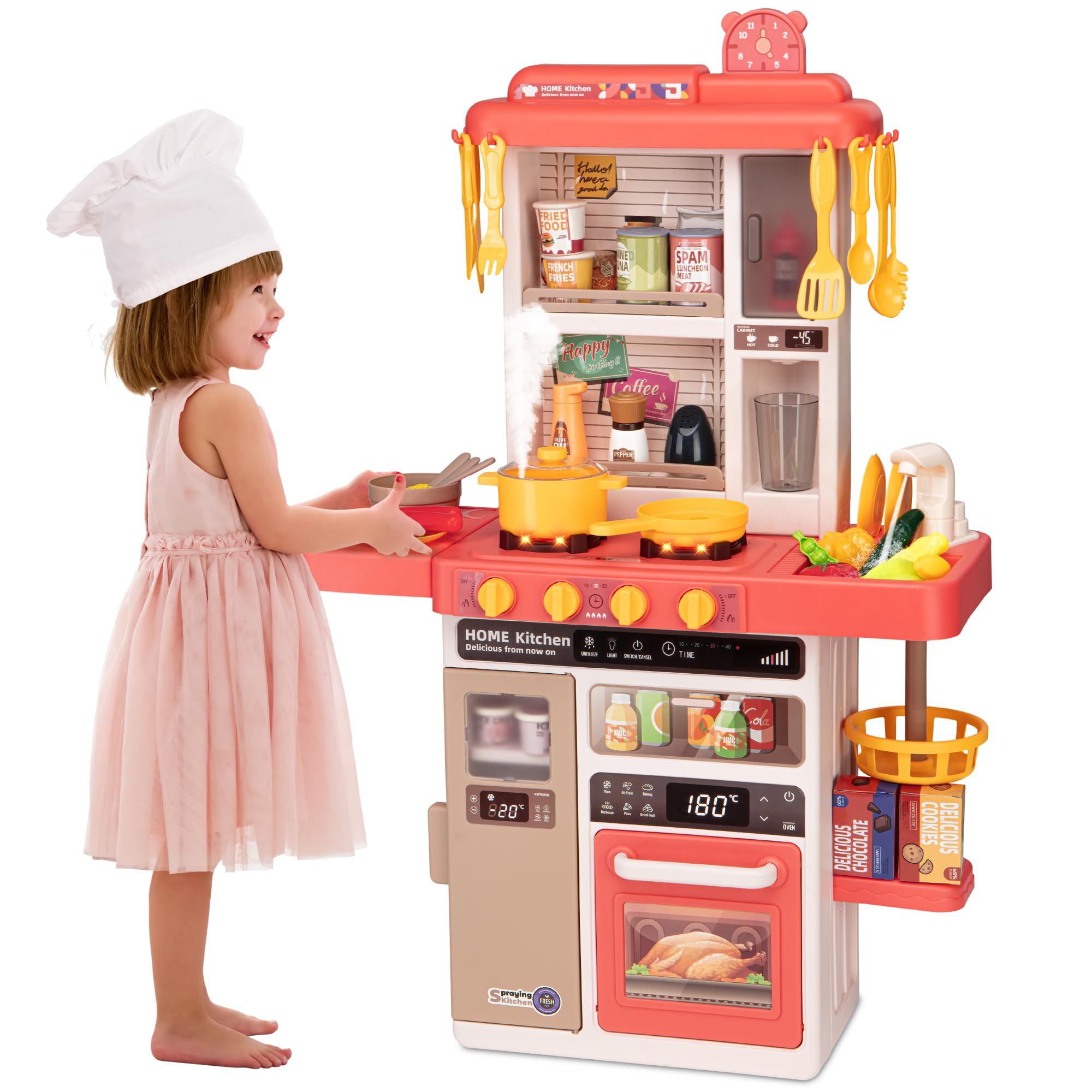Kids Play Kitchen, Spraying Mist Kitchen Playset with 50+ Pcs Accessories for Toddlers, Interactive Toy Kitchen Set for Girls and Boys Aged 3 4 5 6 7 8 9, Red