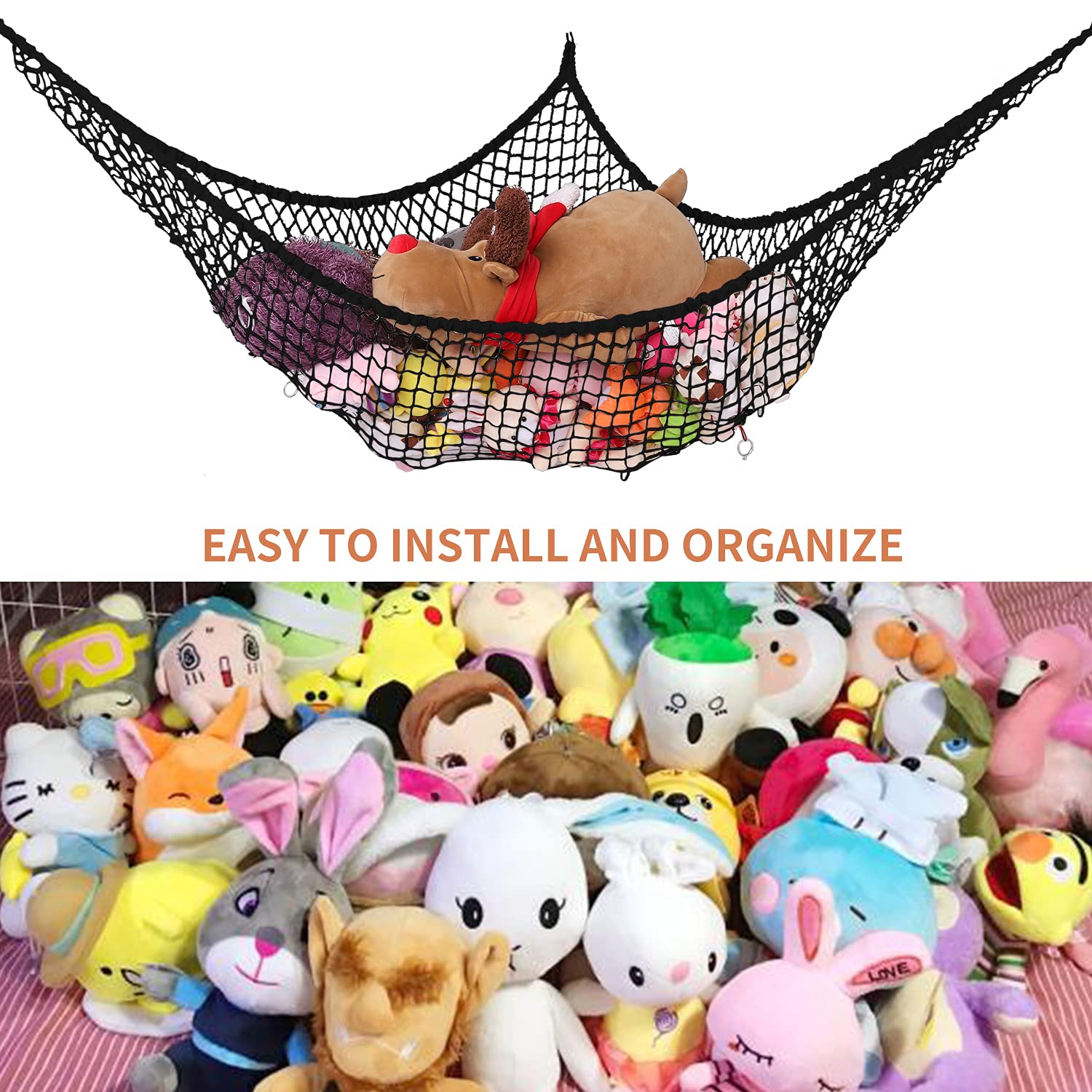 Stuffed Animal Net or Hammock, LXUNYI Toy Net Hammock for Stuffed Animals Large Stuffed Animals Hammock Plush Toys Wall Corner Hanging Storage Net Organizer (White with Tassels)