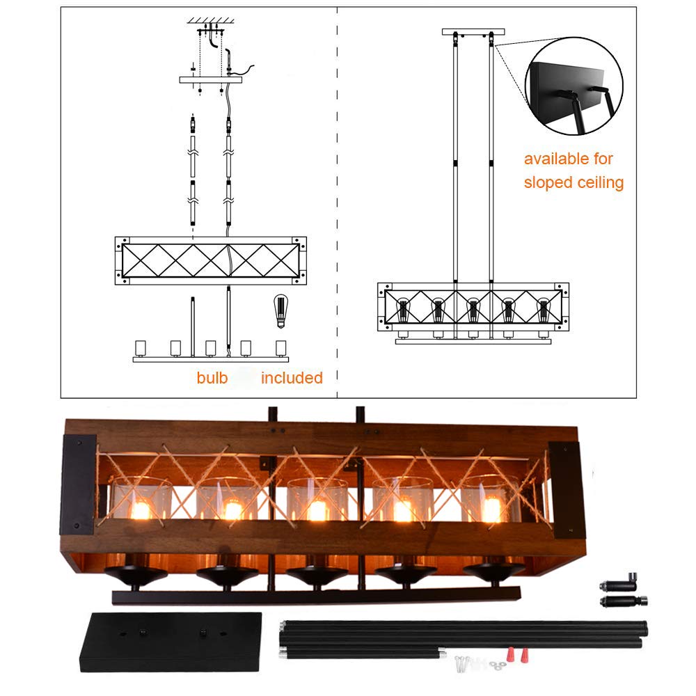 LEDMO 40" 5-Light Kitchen Island Lighting, Rustic Island Pendant Light Fixture, Wood E26 60W UL Listed(LED Bulbs Include)