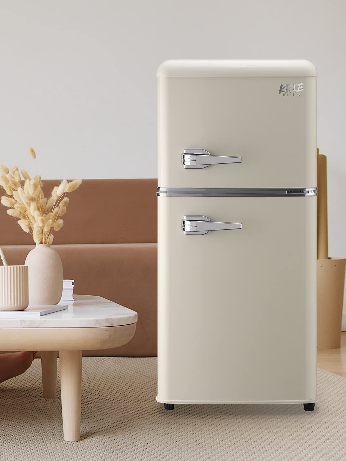 KRIB BLING Retro Fridge With Freezer,3.5 Cu. Ft Refrigerator With 2 Doors,7- Level Adjustable Thermostat, Removable Glass Shelves For Bedroom, Office, Kitchen, Apartment, Dorm, Cream