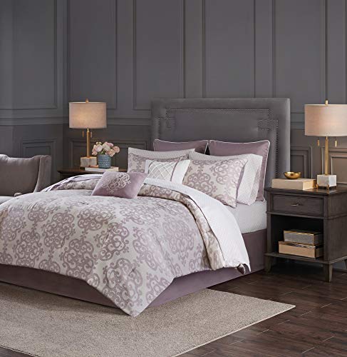 Madison Park Essential Madeline Cozy Bed in A Bag Comforter with Bonus 2 Complete Sheet Set, Jacquard Medallion Damask Design, All Season Cover, Decorative Pillow, Queen(90"x90"), Purple
