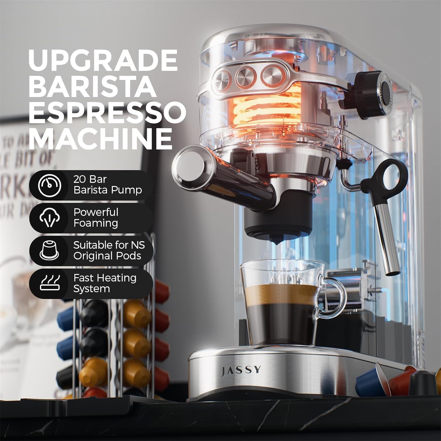 JASSY Espresso Maker Latte Makers 20 Bar Cappuccino Machine Compatible for NS Original Capsules with Milk Frother for Espresso/Cappuccino/Latte/Mocha/NS Capsules for Home Brewing