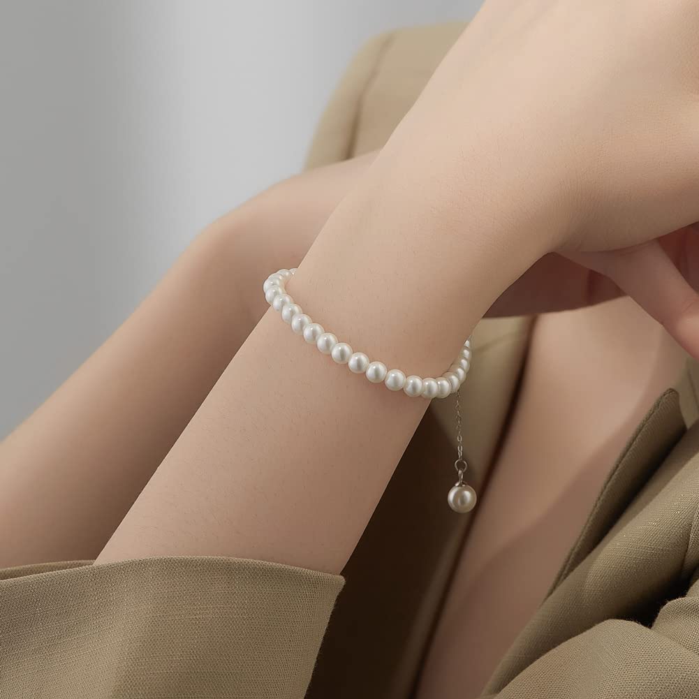 Rofeego Adjustable White Beaded Round Simulated Shell Pearl Bracelets/Size 6.3"- 8" (6mm)