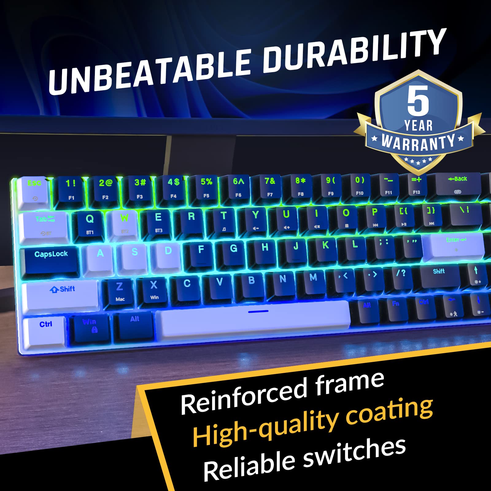 KLIM Shift Wireless Mechanical Keyboard - 2024 Version - Hotswap TKL RGB w/Extra 68 Keycap Set - Backlit Mini Gaming Keyboard - 2.4 GHz Wireless & Bluetooth Keyboard - 60 Percent Keyboard - PC Gamer
