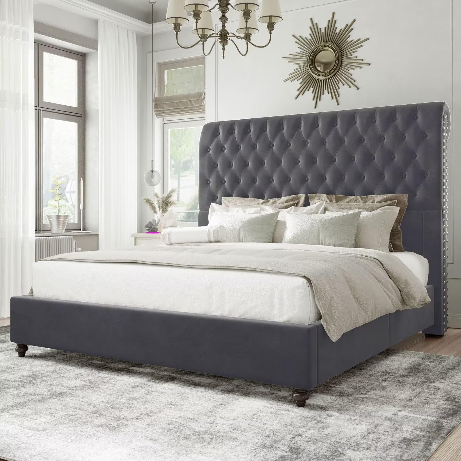 Jocisland Queen Bed Frame, Velvet Upholstered Platform Bed with Button Tufted 52.8" Tall Sleigh Headboard, No Box Spring Needed, Easy Assembly, Gray
