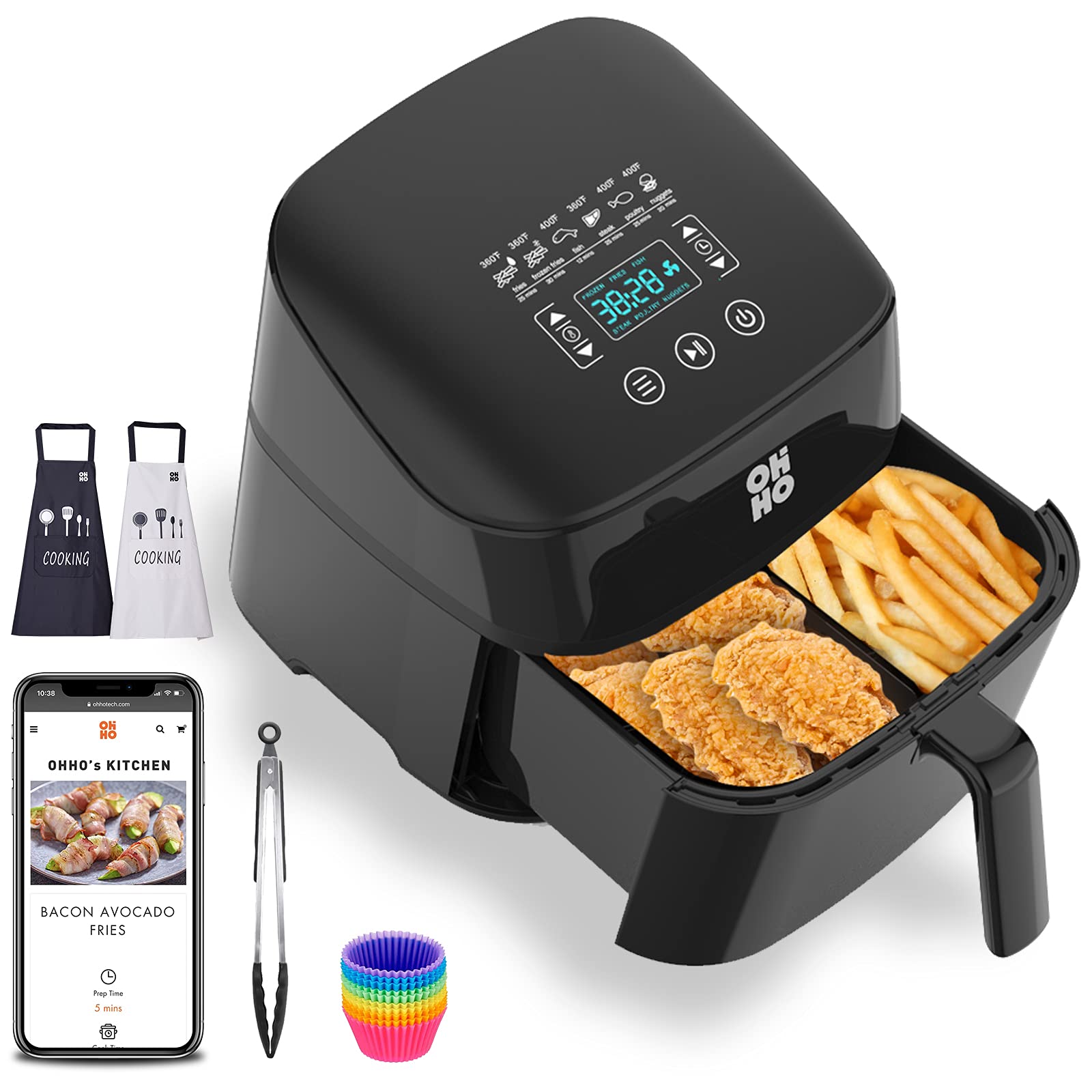 OHHO Air Fryer, 8QT Digital LED Touchscreen, 8 Preset Functions for Fry, Temperature Control, Auto Shut Off - Non-stick Flat Basket & Tray, 200+ Digital Recipe (Digital Black)
