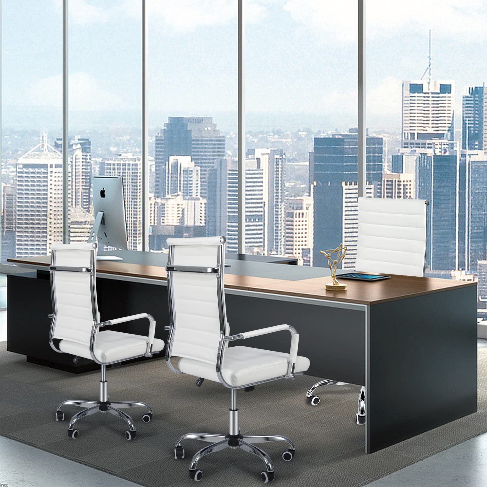 LUCKWIND Office Executive Desk Chair Ribbed - Ergonomic Modern PU Leather Conference Task Chairs Height Adjustable Tilt Rokcer Reception Swivel Arm Chair Rolling Mute (White)