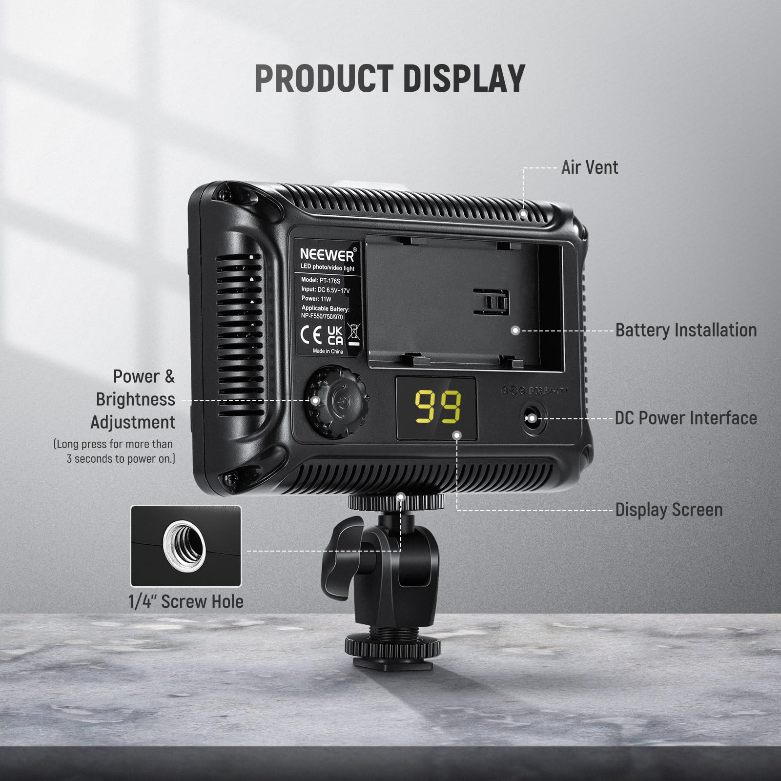 Neewer on Camera Video Light Photo Dimmable 176 LED Panel with 1/4" Thread for Canon, Nikon, Sony and Other DSLR Cameras, 5600K (Battery Not Included)