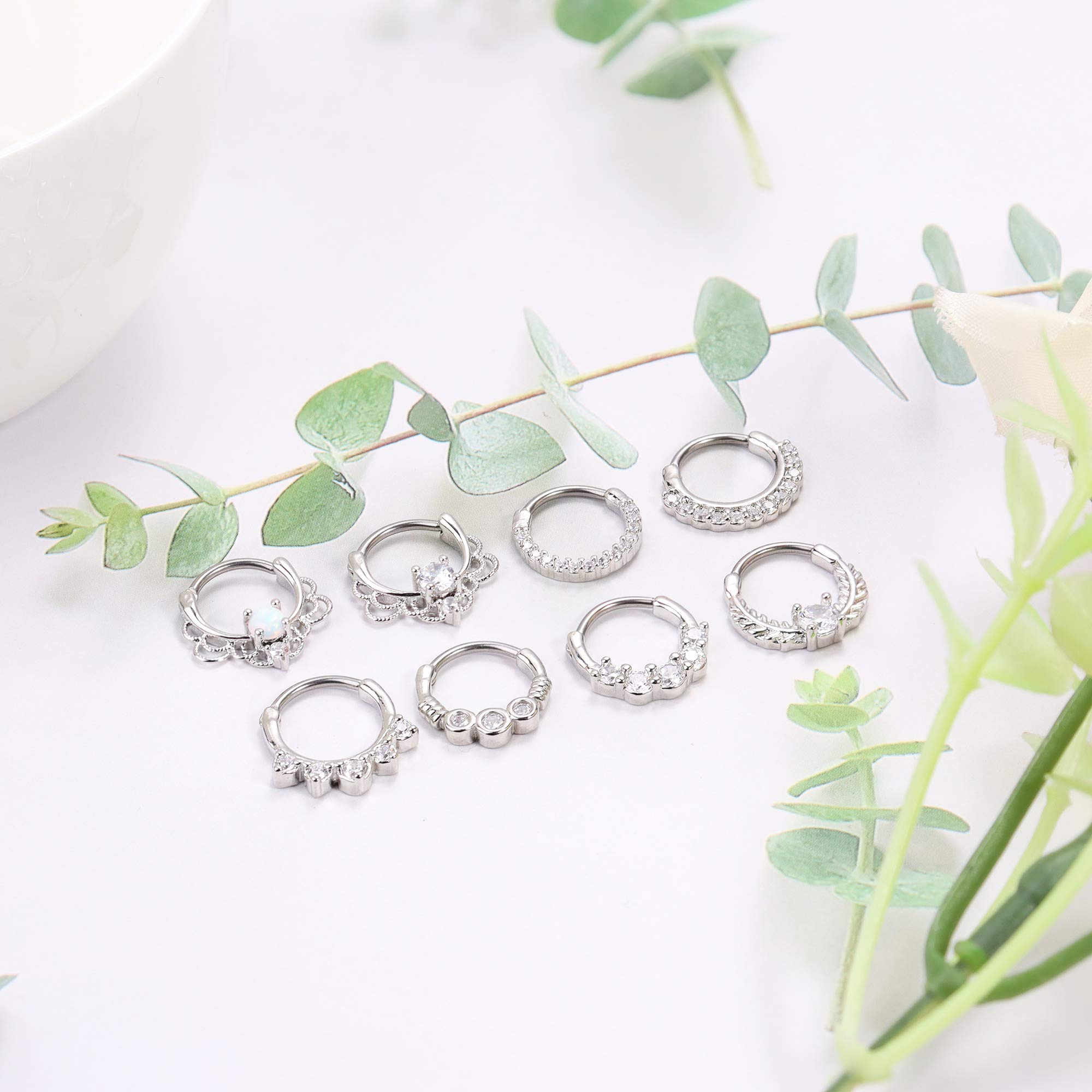 LOYALLOOK 8PCS 16G Septum Clicker Ring Stainless Steel CZ Opal Cartilage Helix Tragus Hoop Daith Earrings Nose Hinged Segment Ring Piercing Jewelry 10MM
