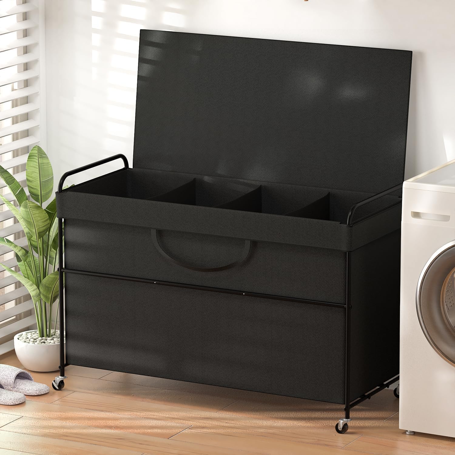 YKDIRECT 240L Large Laundry Hamper, 4 Compartment Laundry Basket with Lid, Removable Bag & Metal Structure with Industrial Wheels, Suitable for Bathroom, Dorm Room, Laundry Room (Black, 240L)