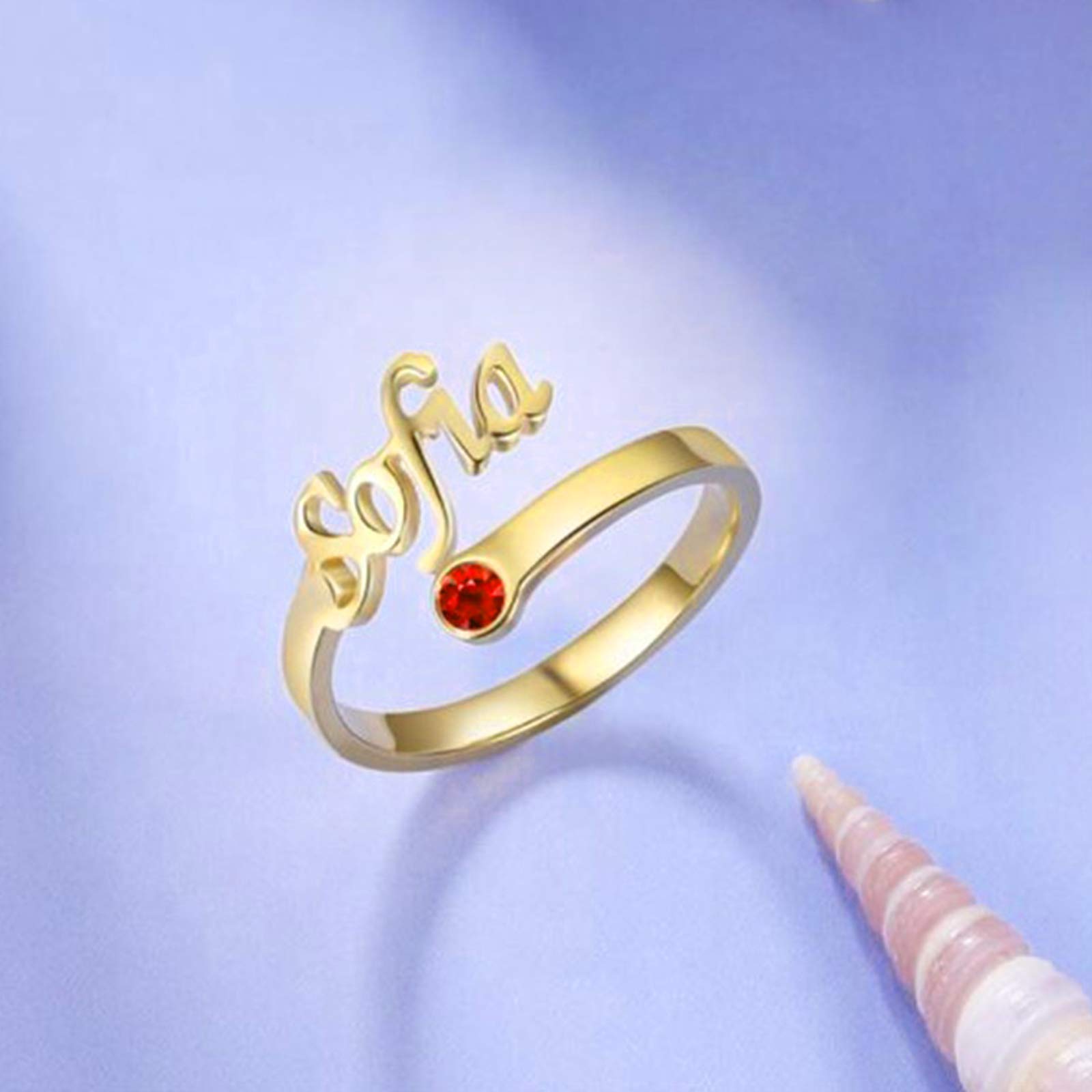MRENITE 10k 14k 18k Solid Yellow Gold Personalized Name Ring with Crystal Birthstone β Dainty Nameplate Letters Engraving Engagement Ring- Custom Any Name Gift for Women Her