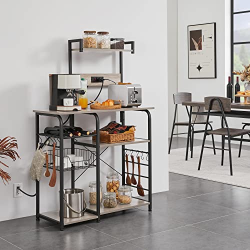 Yaheetech Bakers Rack with Power Outlet, 4-Tier Microwave Stand Cart Coffee Bar with Wire Basket and Wine Storage, Freestanding Kitchen Organizer Rack with 10 Hooks, Gray