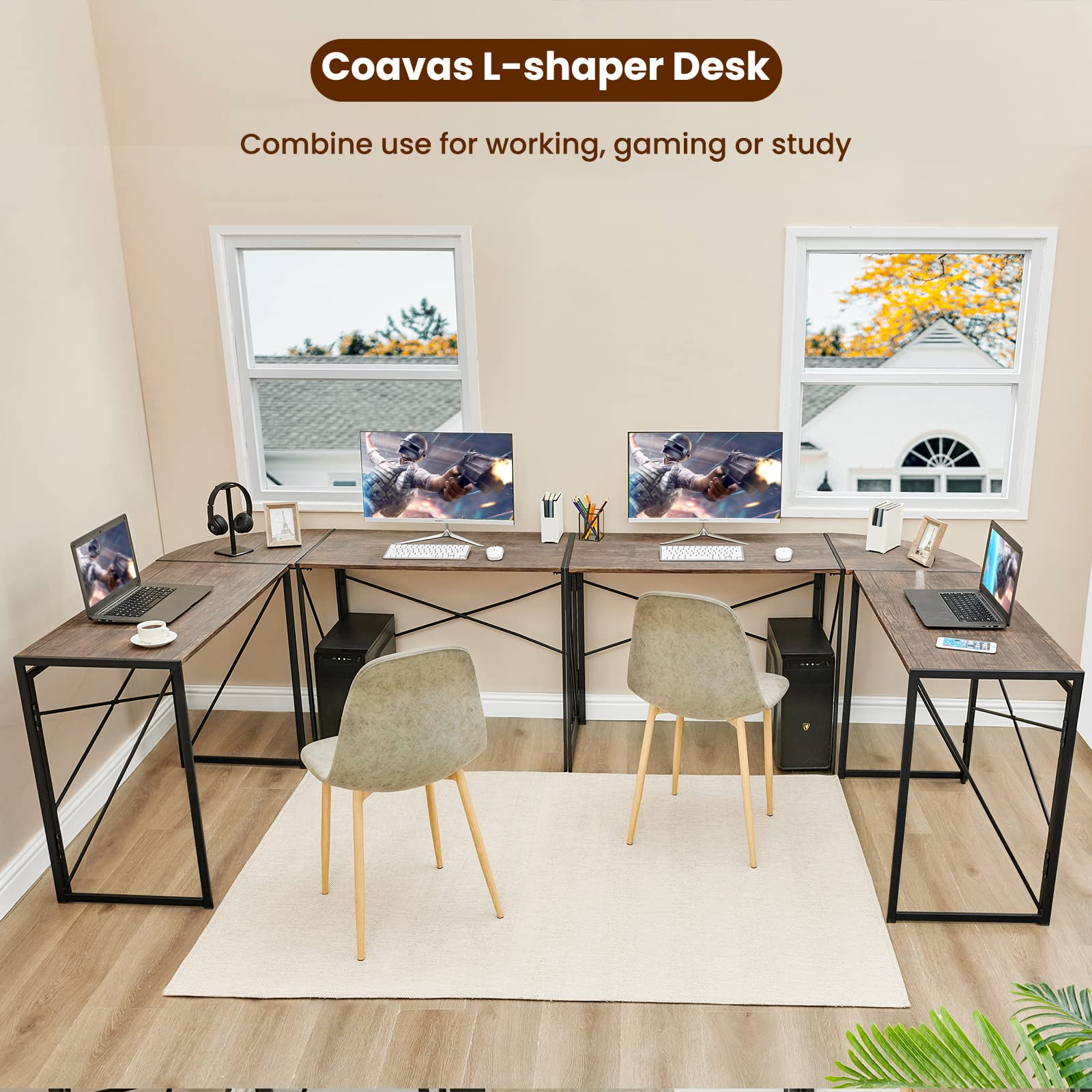 L Shaped Desk Folding Gaming Desk Corner Computer Desk Home Office Workstation PC Writing Table with Large Desk Top, Space-Saving, No Need to Assemble, Brown