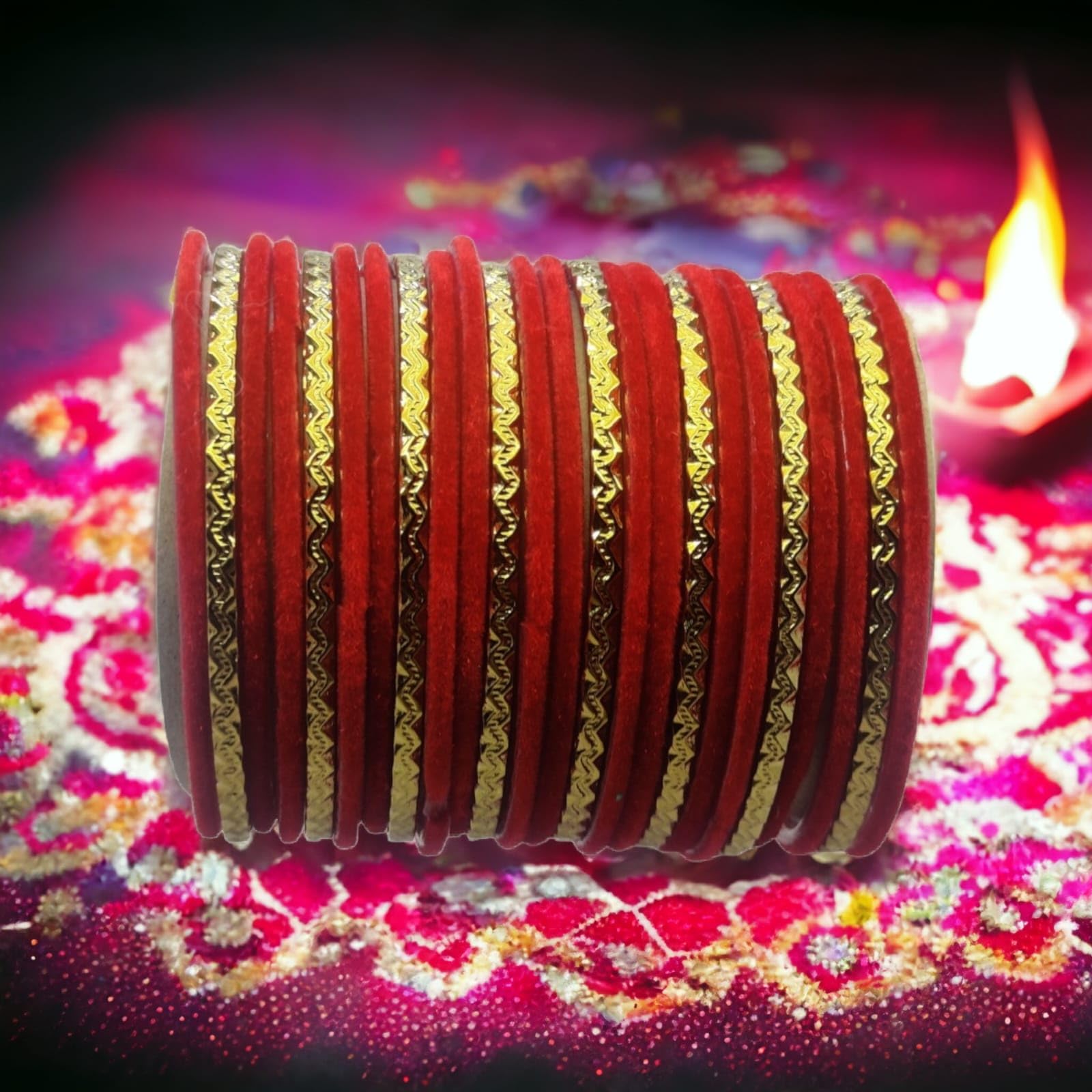 JAWSHEE 2 Dozen Glass Velvet Bangles Golden Set, Matte Color Glass Bangles With Velvet Layer For Added Beauty and Durability, Size: 2.8, Diameter: 2.5 Inches, no gemstone