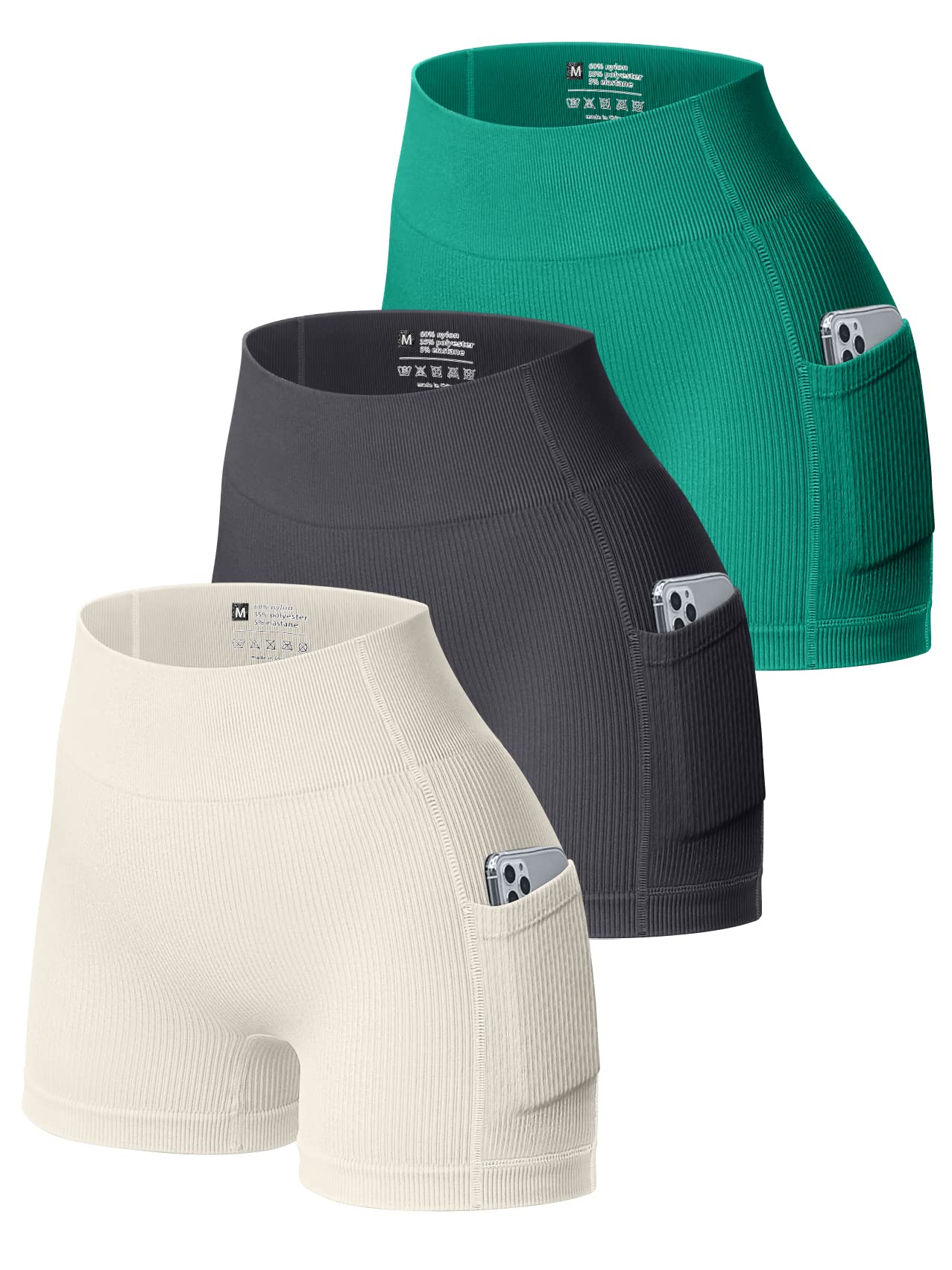 OQQ Women's 3 Piece Athletic Shorts Ribbed Seamless Workout High Waist Shorts with Pockets Green Grey Beige