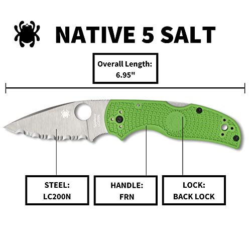 Spyderco Native 5 Salt Folding Pocket Knife with 2.95 Inch Corrosion-Resistant LC200N Steel Blade and Green FRN Handle - SpyderEdge - C41SGR5