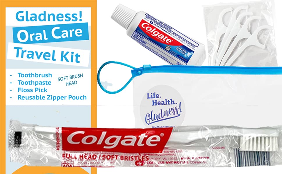 Toothpaste Toothbrush Travel Kit Bulk Bundle Includes Colgate Cavity Protection .85 Oz | Colgate Individually Cello-Wrapped Soft Toothbrush | 5 Floss Picks | TSA Approved Clear Zip Pouch By Gladness!