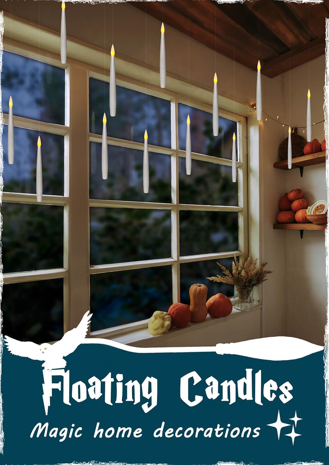 Leejec Floating Candles with Magic Wand Remote (6/18H Timer), 20pcs 6.1β Hanging Flameless Taper Candles, Flickering Warm Light, Halloween Christmas Classroom Windows Wedding Party Decor(White)