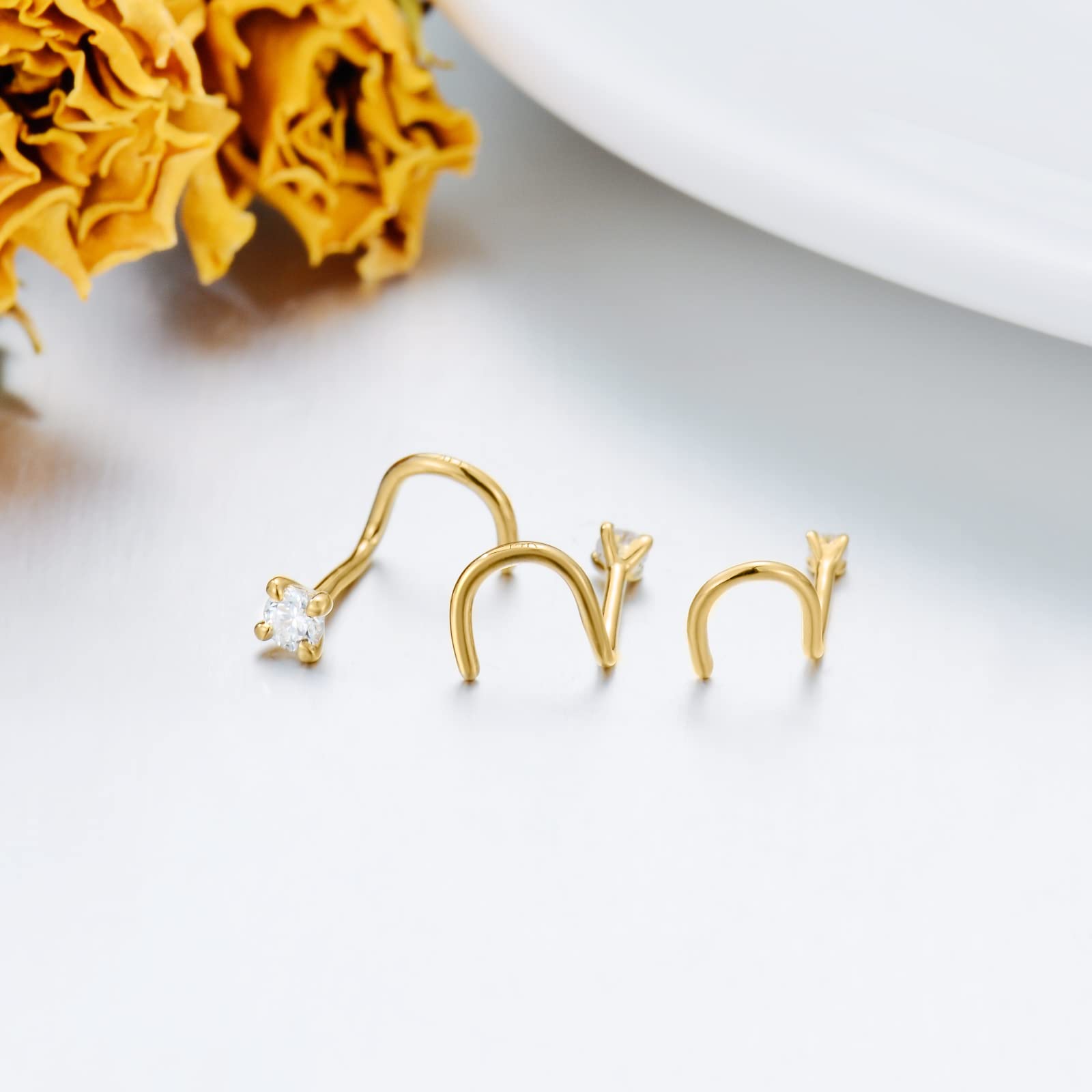 MRENITE Solid 14k Yellow Gold Genuine Diamond Nose Stud for Women 20G 2.5mm Diamond Nose Ring Twist Screw Nose Piercing Jewelry