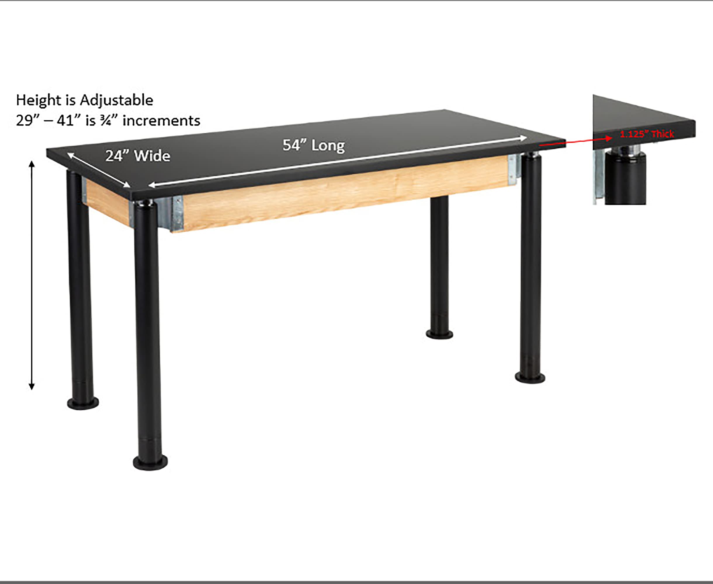 Learniture Heavy-Duty School Science Lab Table with Chemical-Resistant Top, Adjustable Height Science Table for Classrooms, 24" D x 54" W x 29" H, Black