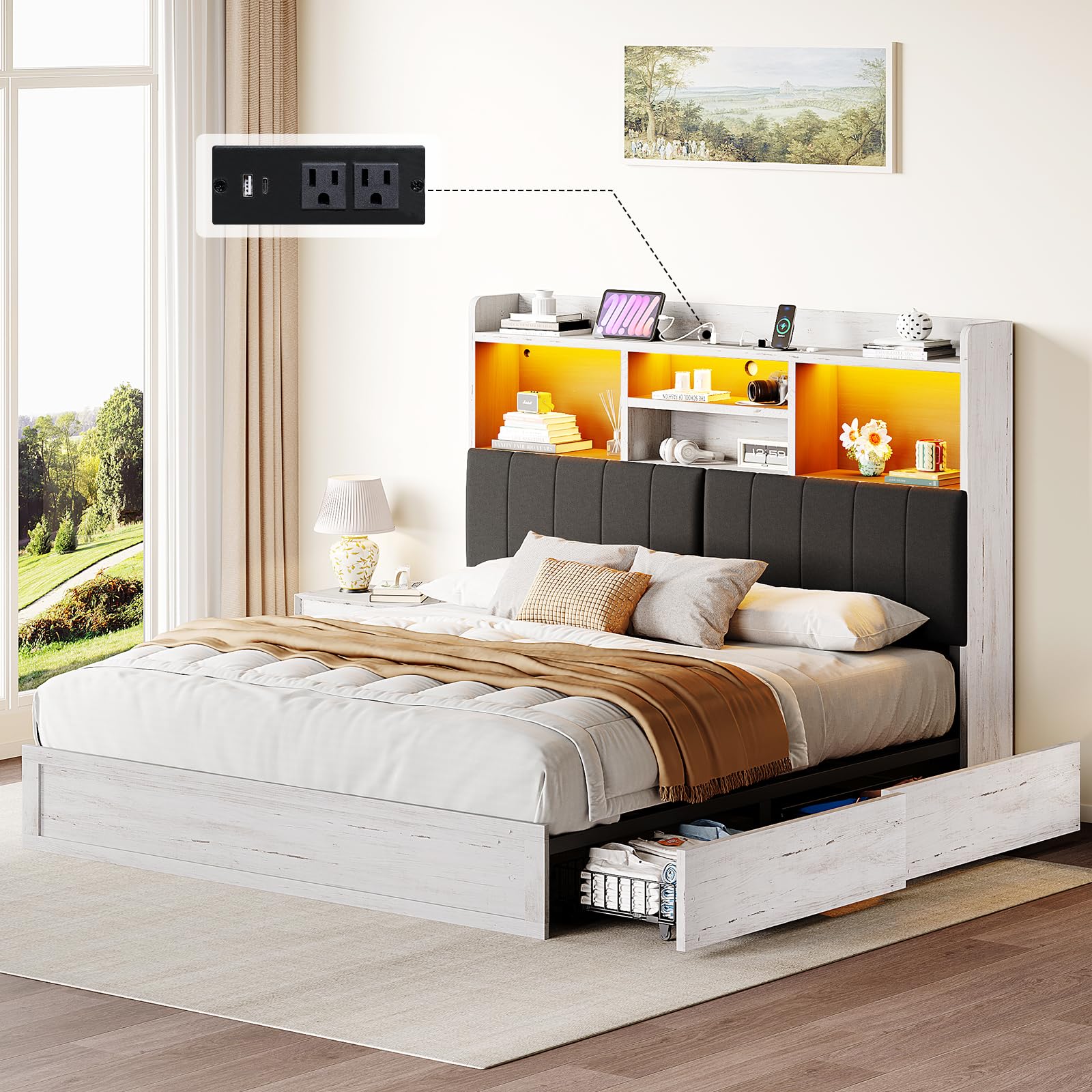 YUMPIE Full Bed Frame with Bookcase Headboard, Farmhouse Upholstered Platform Bed with 4 Storage Drawers, LED Bed with Charging Station, Wood Slats Support, No Box Spring Needed, Distressed White
