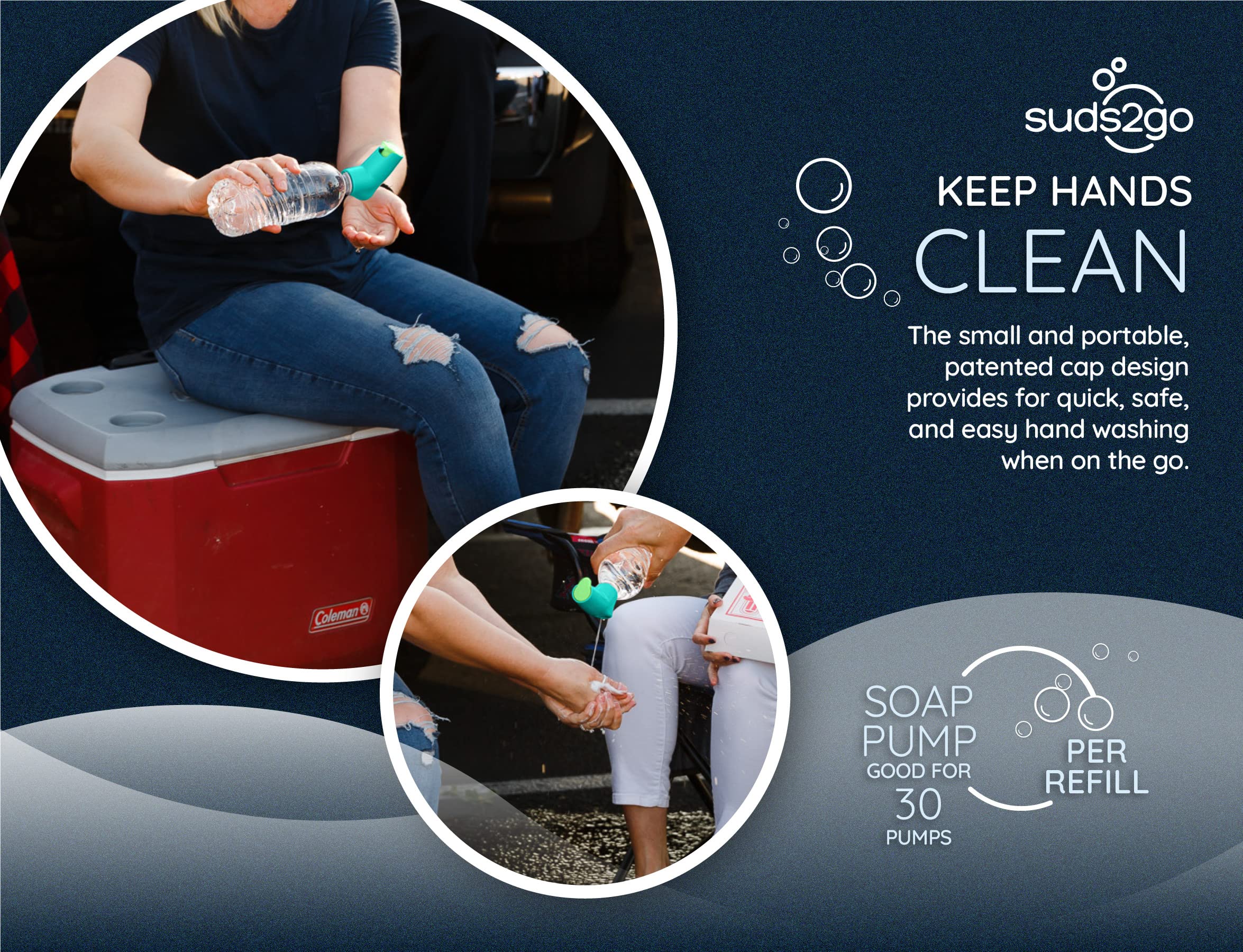 Suds2Go Refillable Caps, 2 Pack - Universal Fit Turns Most Disposable Water Bottles Into A Hand Washing Station - Includes Refillable Soap Reservoir - Conveniently Sized to Take on The Go - Teal
