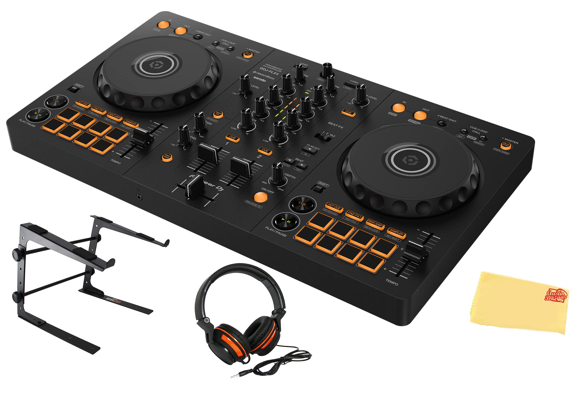 Pioneer DDJ FLX4 DJ Controller Bundle with Laptop Stand, Headphones, and Austin Bazaar Polishing Cloth