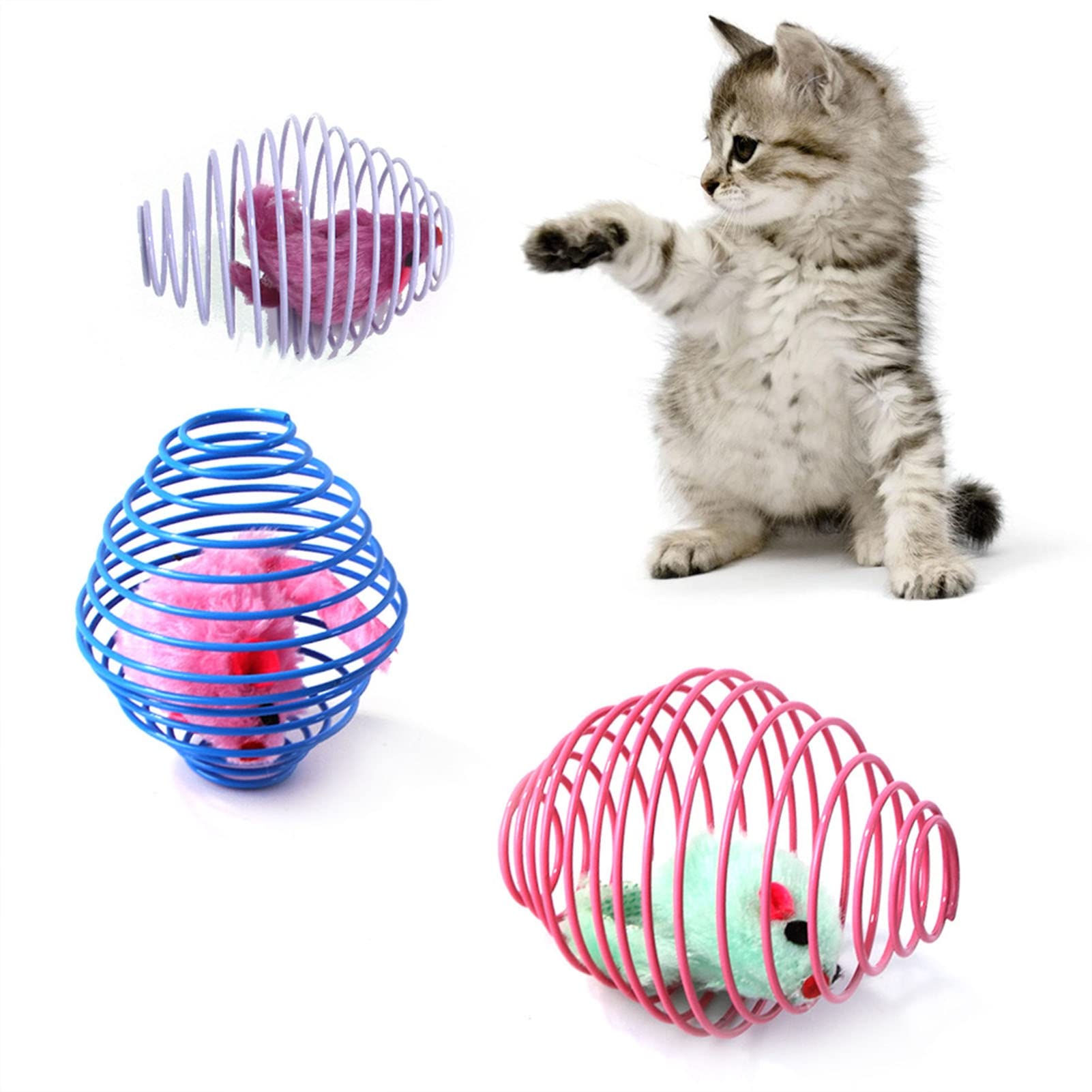 leasote 6Pcs Cat Spring Balls Set, Stretchable Cat Spring Caged Rats Toys Interactive Cat Toy, Relieve Boredom Plush Mouse Spring Toy for Indoor Cat Kitten Multicolor