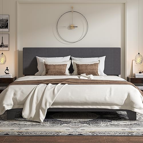 WEEWAY King Upholstered Platform Bed Frame with Adjustable Headboard and Strong Wooden Slats, Heavy-Duty Mattress Foundation, No Box Spring Needed, Easy Assembly, Dark Grey