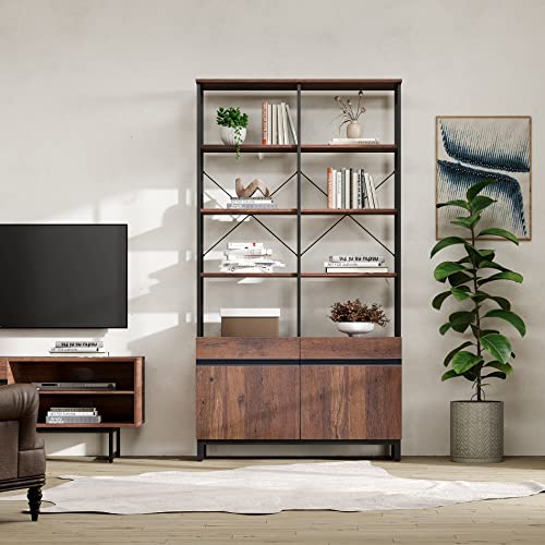 WAMPAT 2 PCS of 73" Tall Bookshelf with Storage Cabinet,5 Tier Industrial Standing Display Bookcase for Home & Office