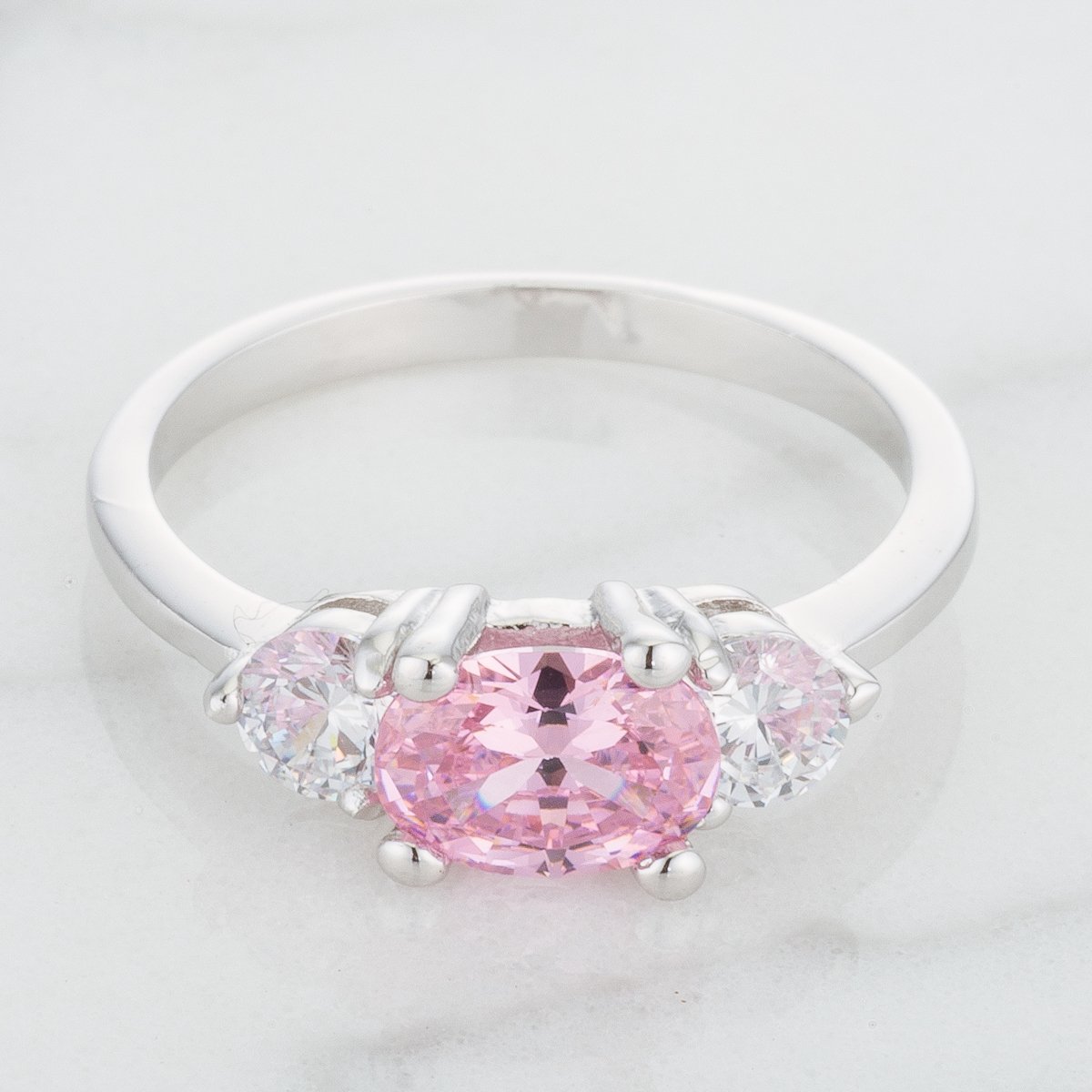 Kate Bissett Rhodium Plated Triplet Engagement Ring with Pink Ice Color and Clear CZ in a Prong Setting Size 9