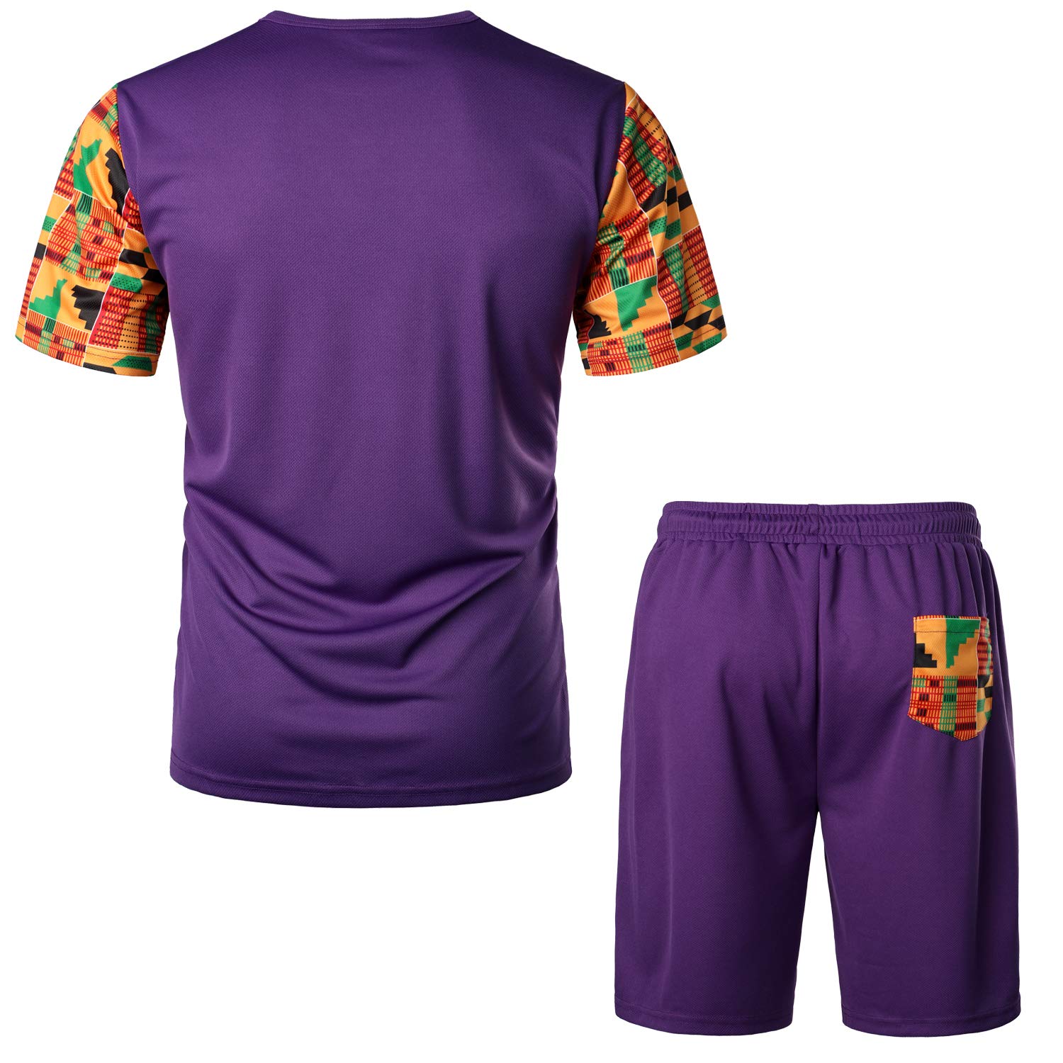 LucMatton Men's African Pattern Printed T-Shirt and Shorts Set Sports Mesh Tracksuit Dashiki Outfits Purple Large