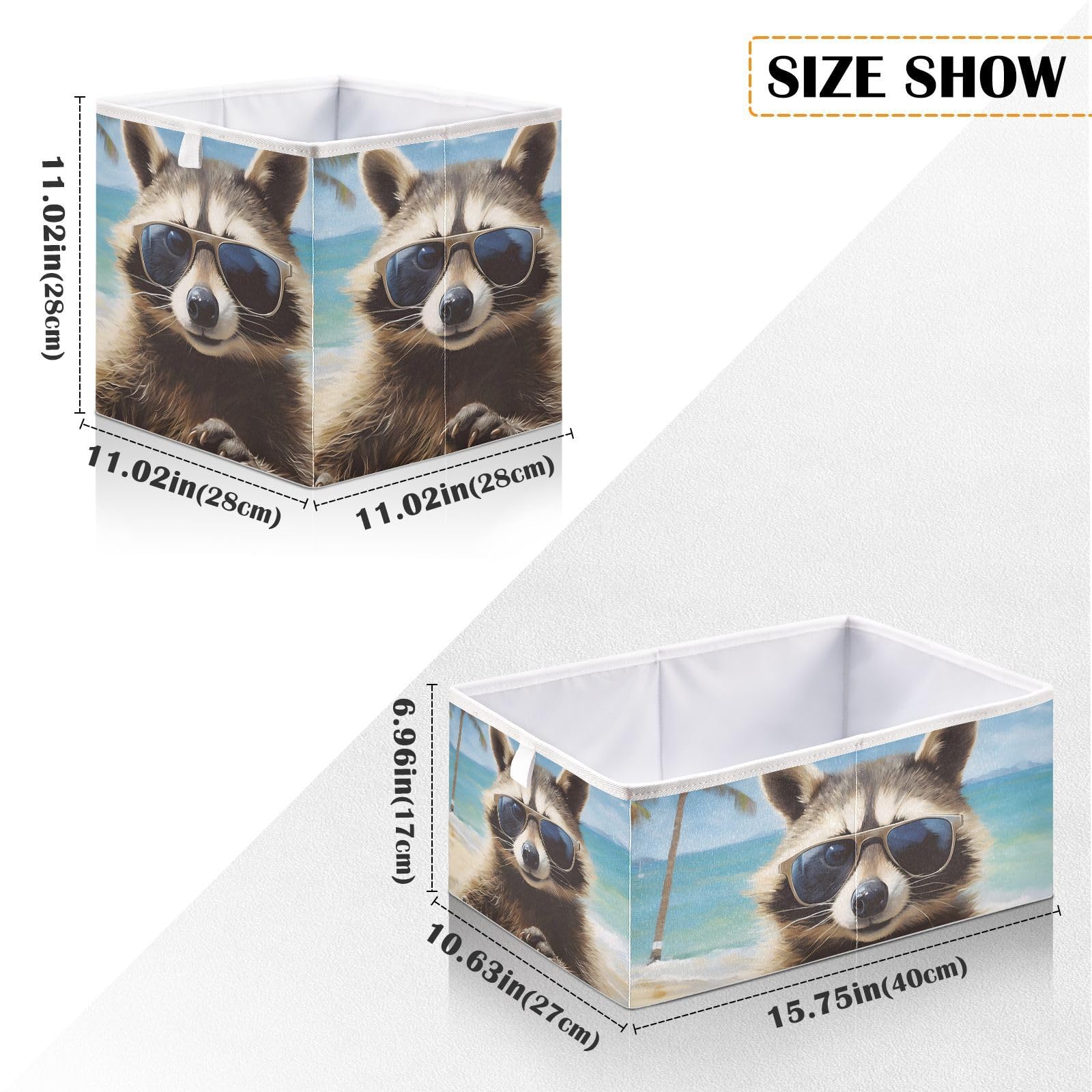 YMGQYJ Collapsible Storage Cube Beach Raccoon Print, Organizing Baskets with Reinforced Board for Shelf Closet Cabinet 11×11×11 in