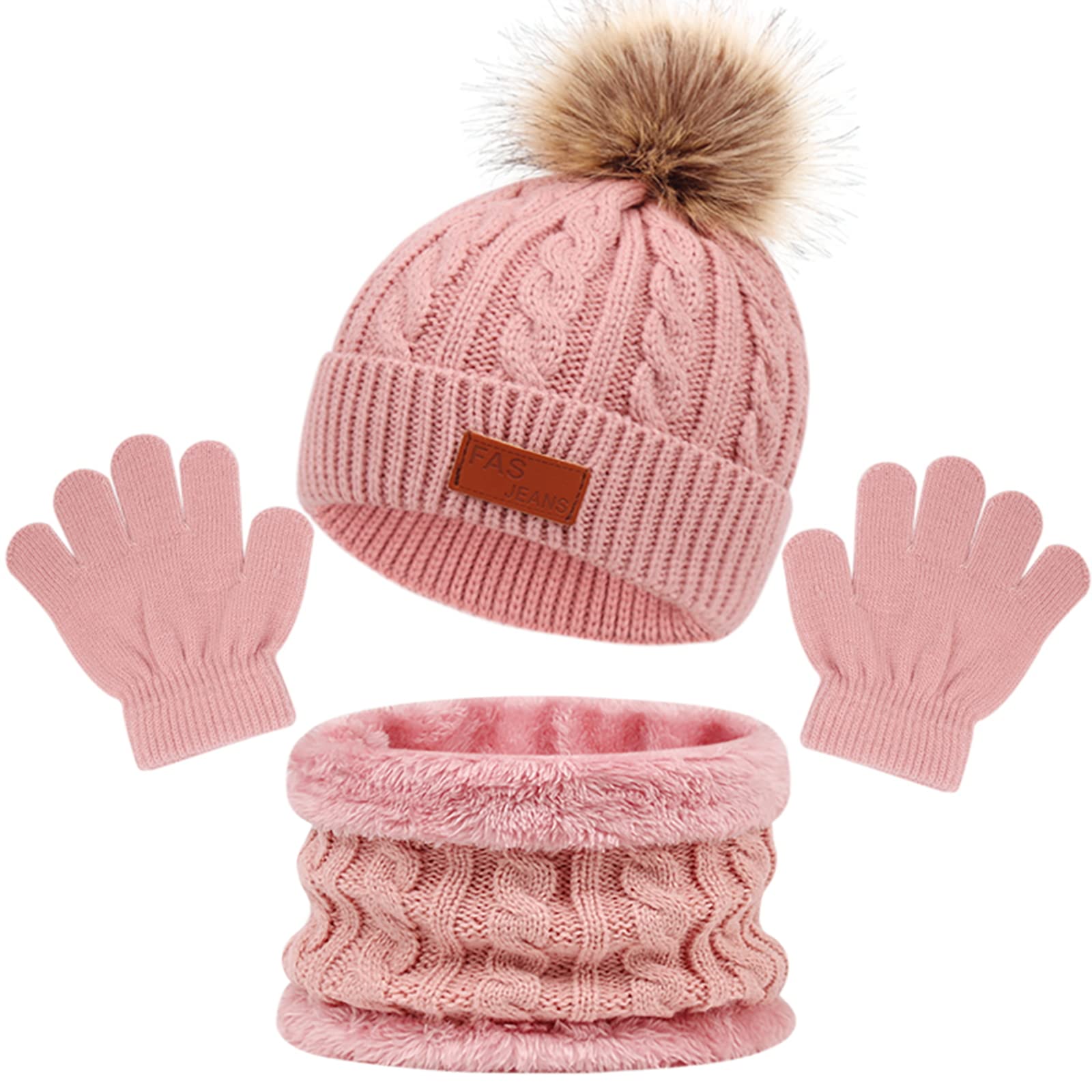 Kids Winter Beanie Hat Scarf Gloves Set for 2-6 Years Old, Toddler Winter Knit Hat Gloves Neck Warmer with Fleece Lined (pink)