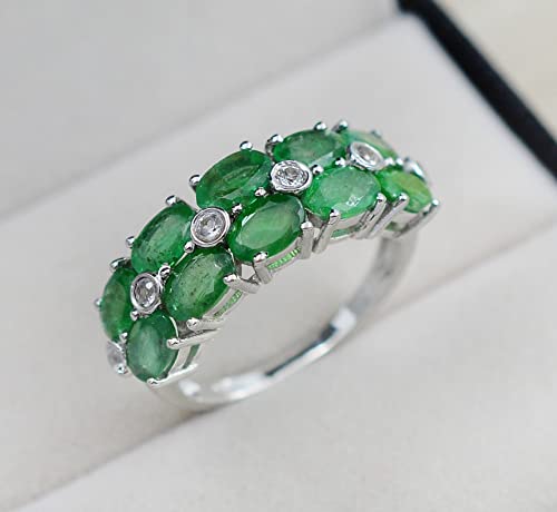 Natural 6X4 MM Zambian Emerald Oval Cut Gemstone 925 Solid Silver May Birthstone Cluster Unisex Ring For Wedding Gift (Yellow Gold Rhodium Plated Silver, 7)