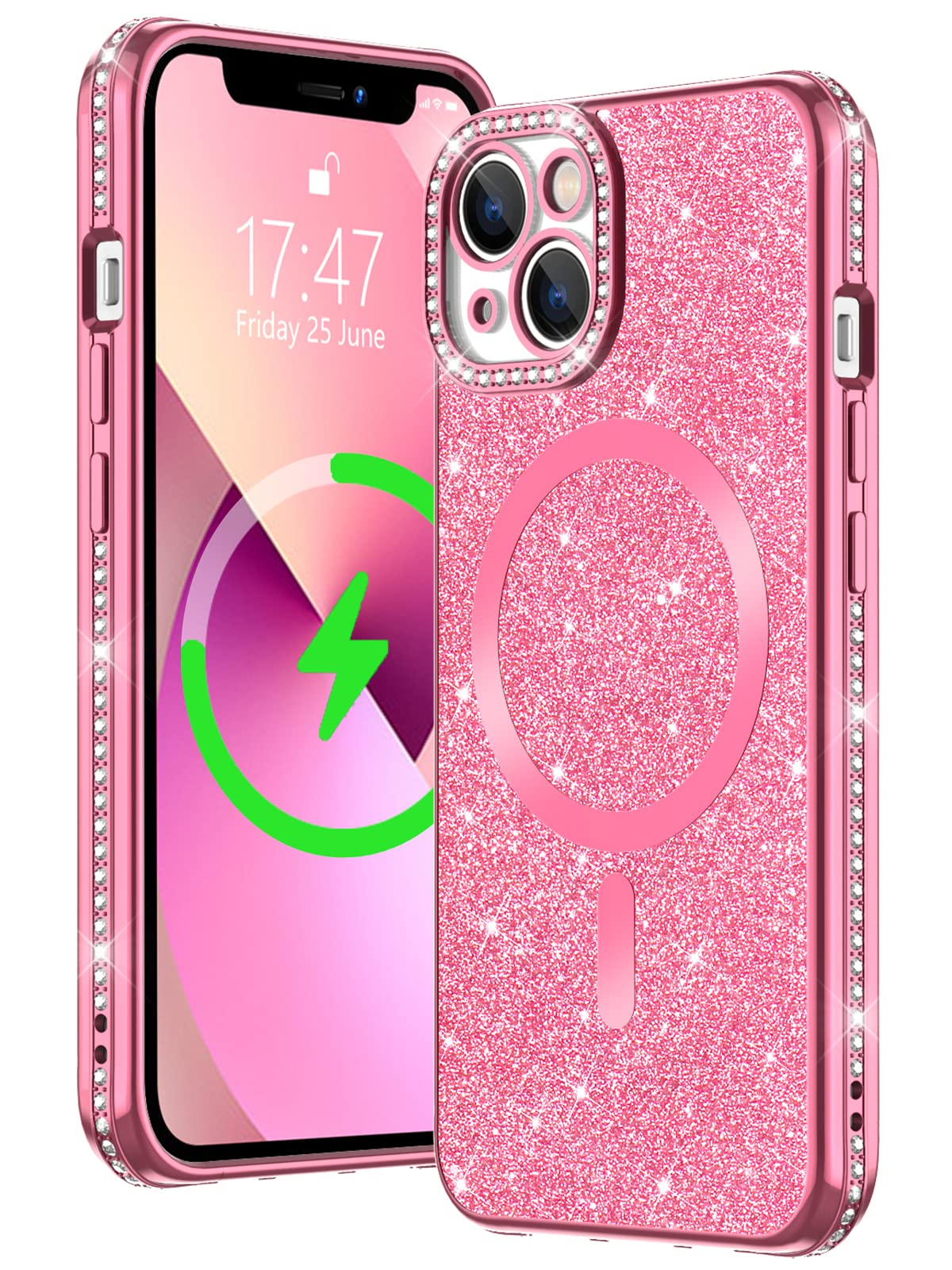 oleevee Glitter Magnetic Case for iPhone 13 Case, with Wrist Strap, Diamond Camera Cover, Sparkle Shockproof Protective iPhone 13 Case 6.1 inch for Women Girls, Pink