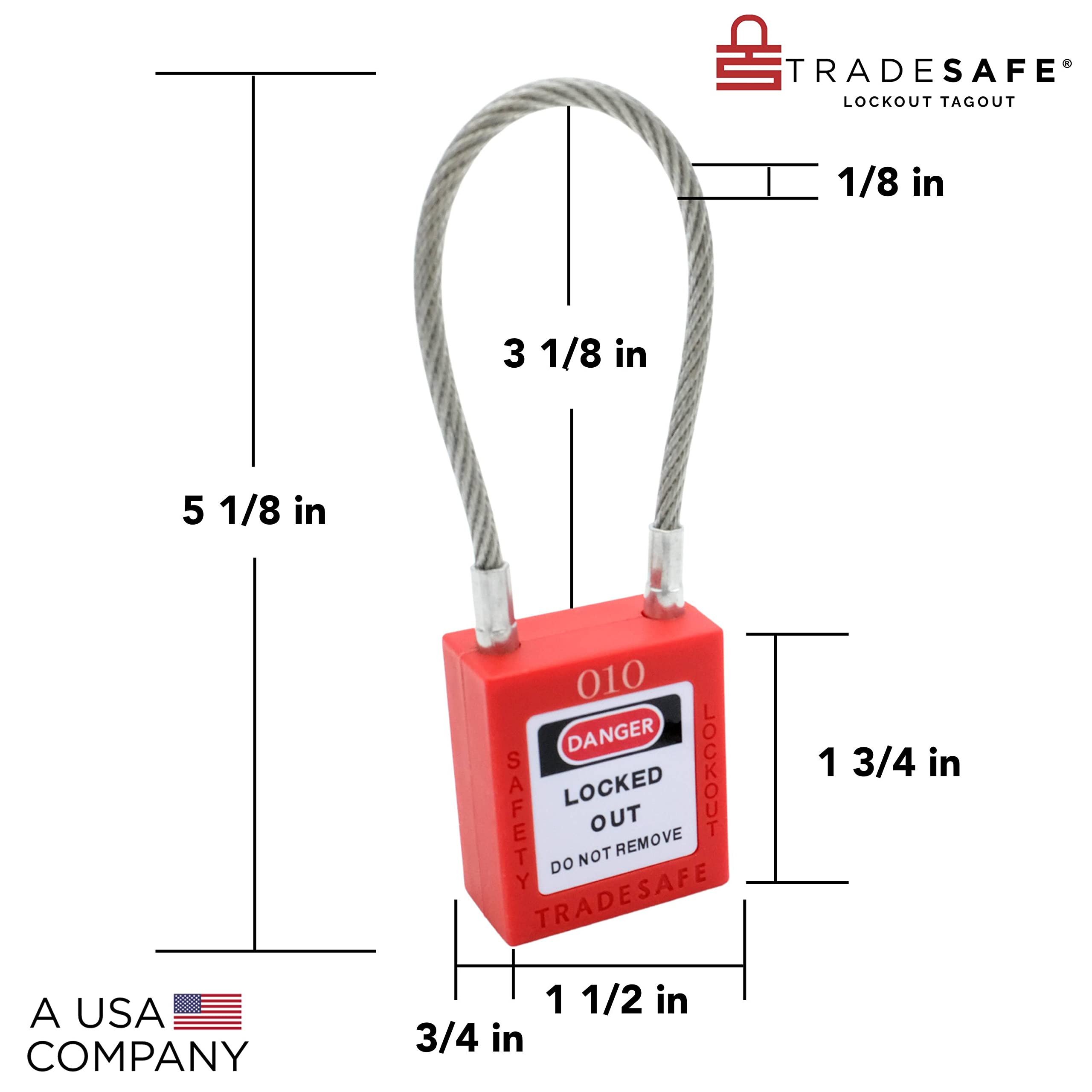 TRADESAFE Lockout Tagout Steel Cable Locks with Keys,10 Red Keyed Different Electrical Lockout Padlock Set, 2 Keys per Lock, OSHA Compliant, Premium Grade