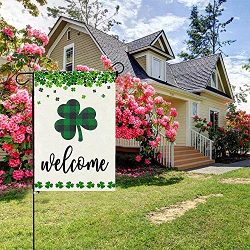 St Patrick's Day Garden Flag,Welcome Double Sided Irish Garden Flag,12x18 Inch Double Sided Shamrock Lucky Clover Holiday Yard Outdoor Flag