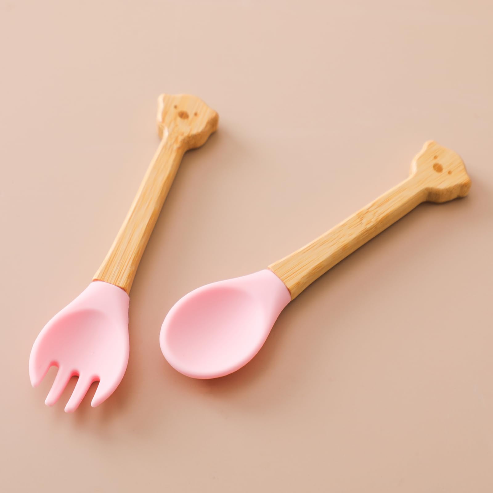 Mamimami Home Baby Feeding Spoon, Bamboo Wood and Silicone Baby Fork and Spoon - Soft Curved Silicone Tip Spoons - Suitable for Baby and Toddlers Forked Spoone (Pink Bear)